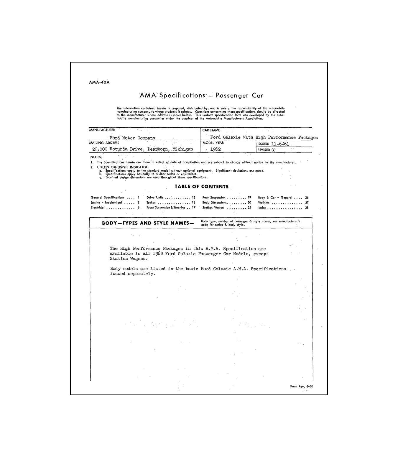 1962 Ford Full Size High Performance AMA Specification Sheets - Over ...