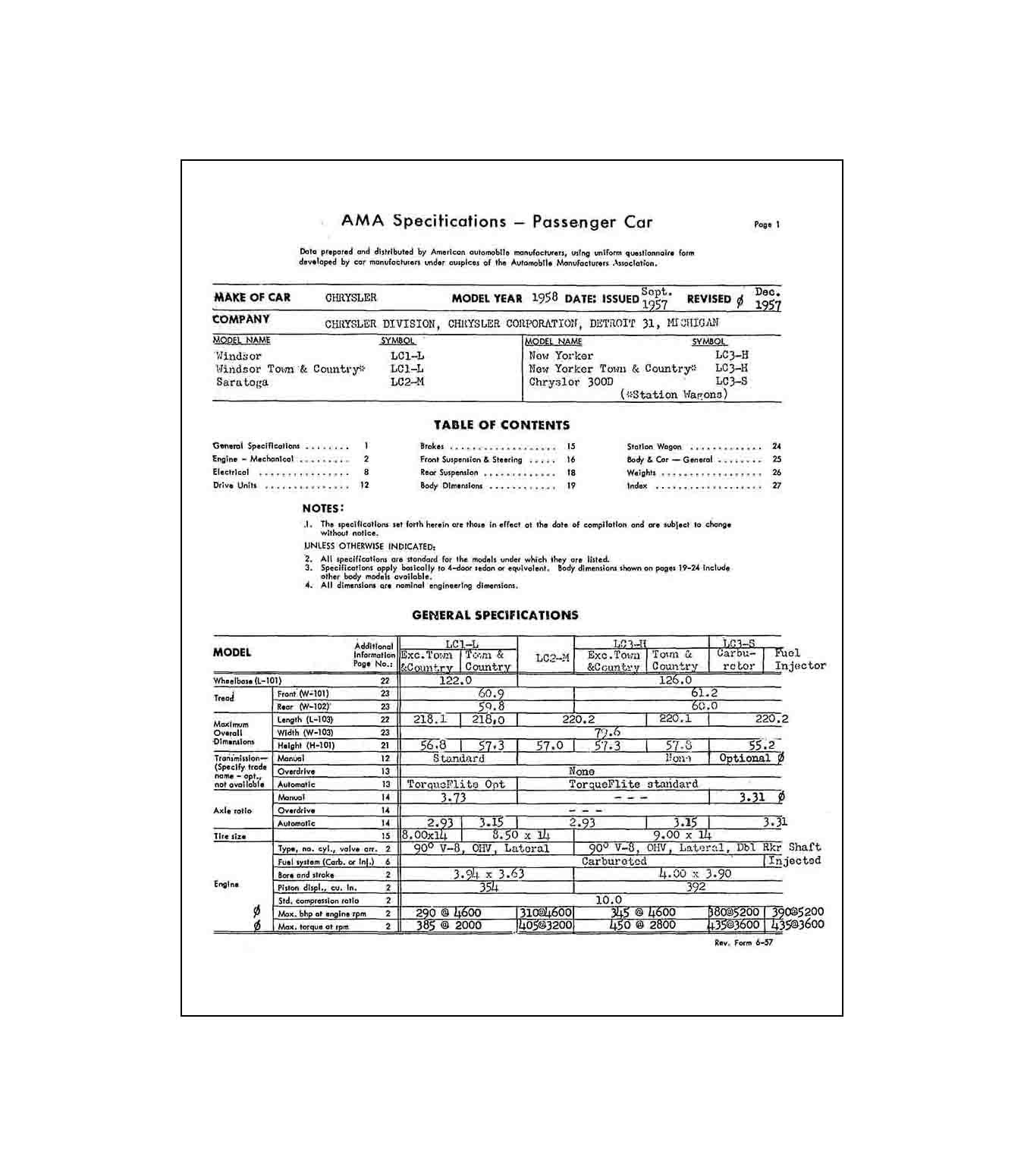 1958 Chrysler Cars AMA Specifications Sheets - Over-Drive Magazine