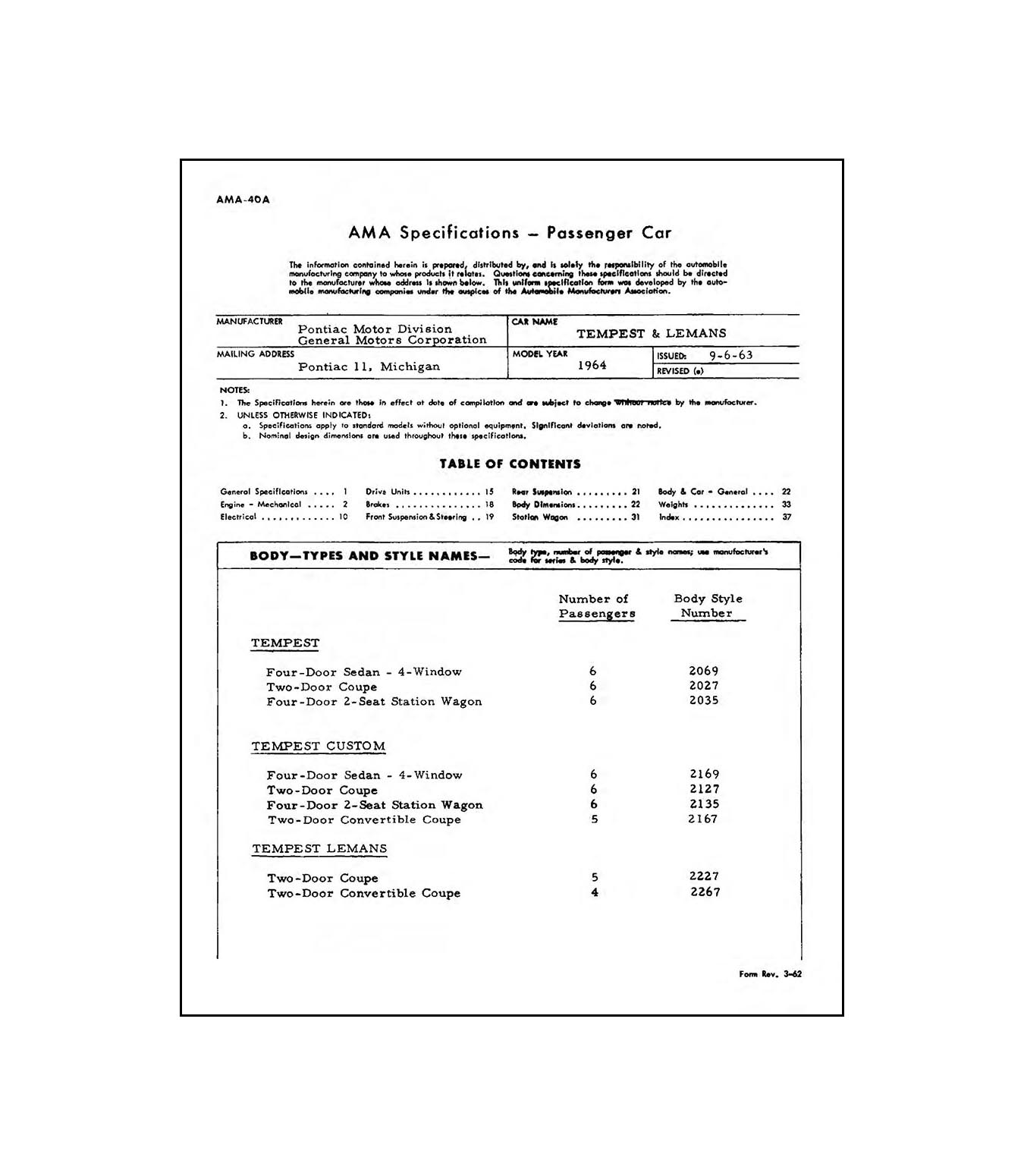 1964 Pontiac Mid-Size AMA Specifications Sheets - Over-Drive Magazine