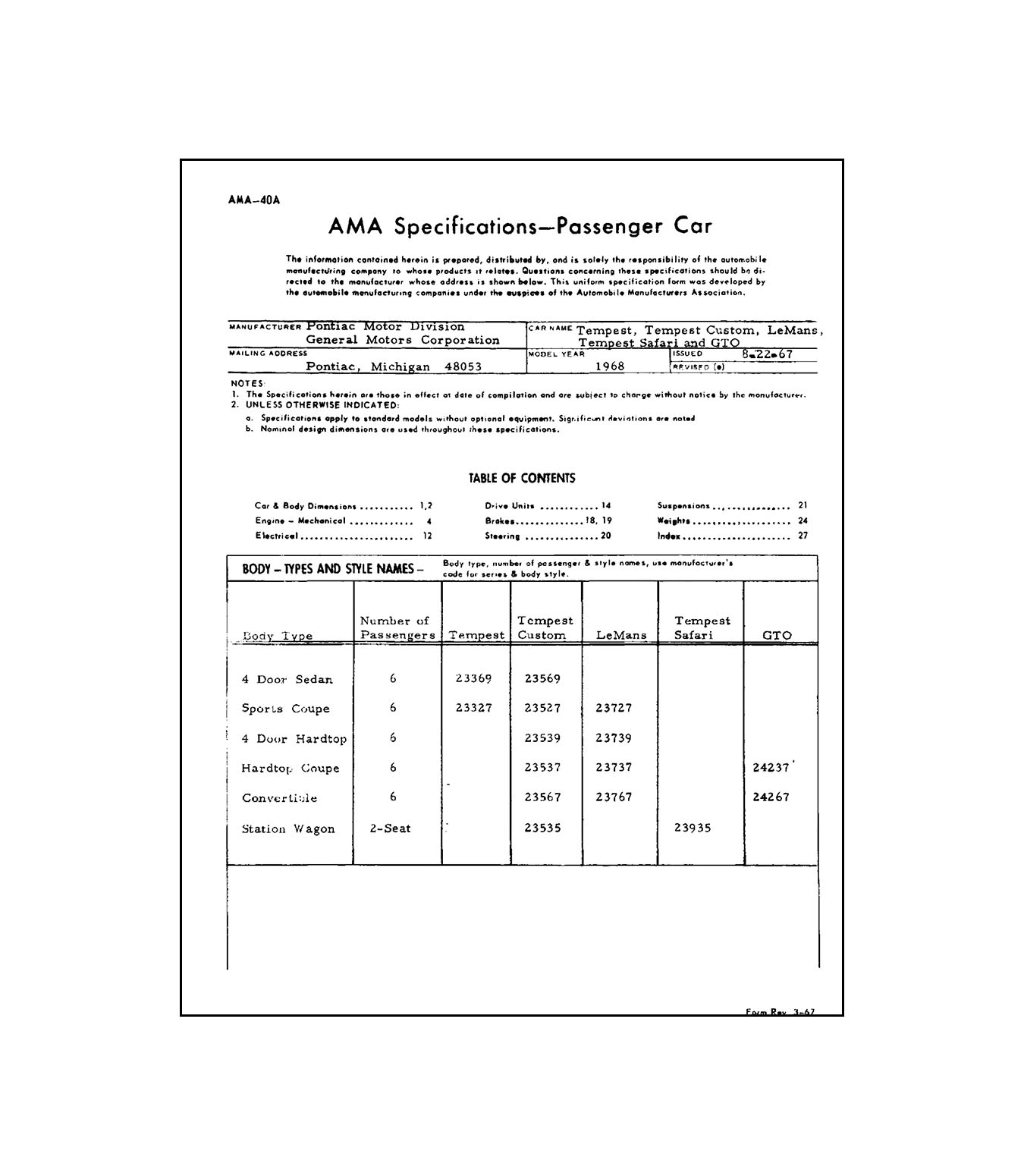 1968 Pontiac Mid-Size Cars AMA Specifications Sheets - Over-Drive Magazine