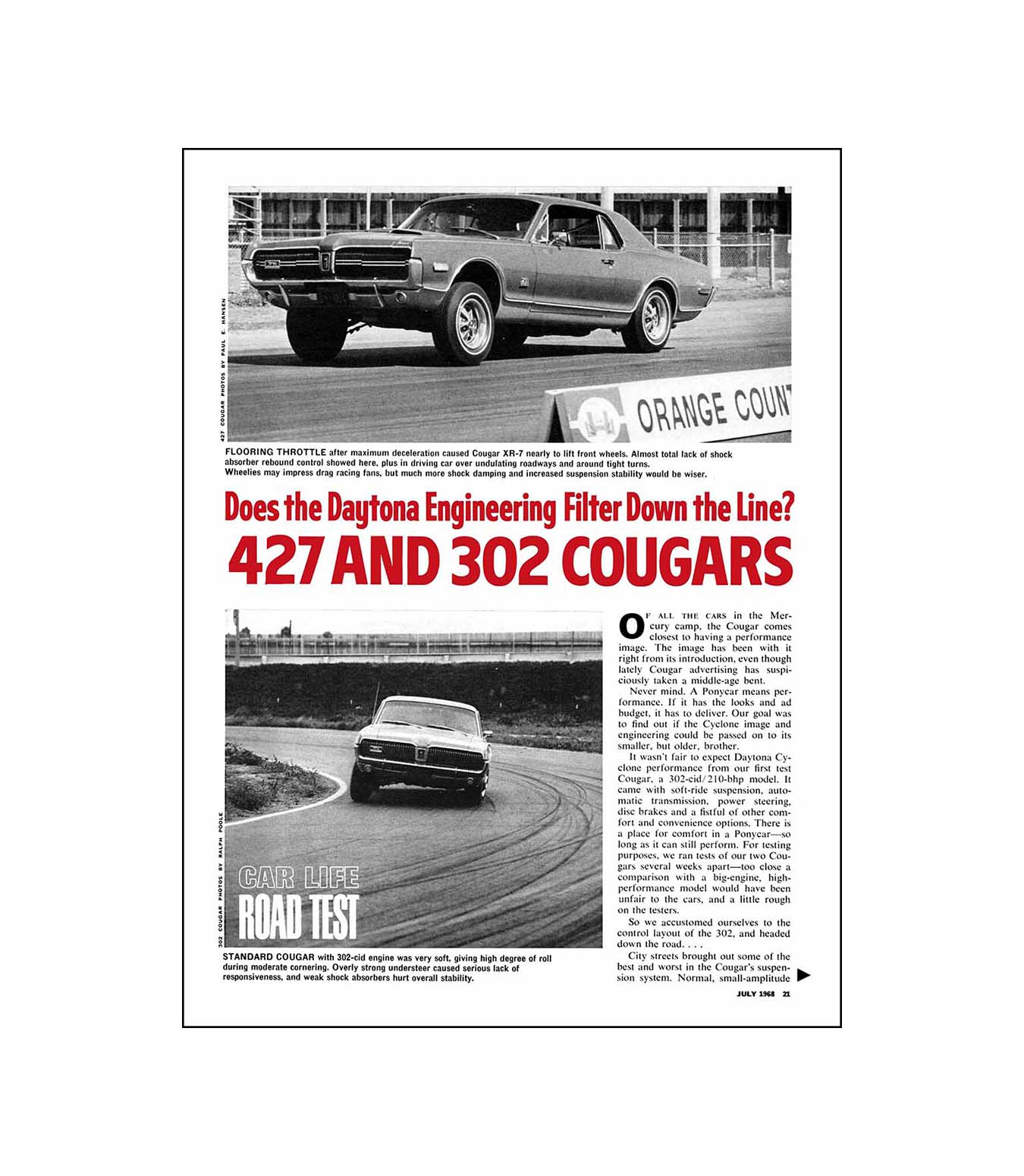 1968 Mercury Cougar 302 and 427 CID Road Test - Car Life Magazine ...