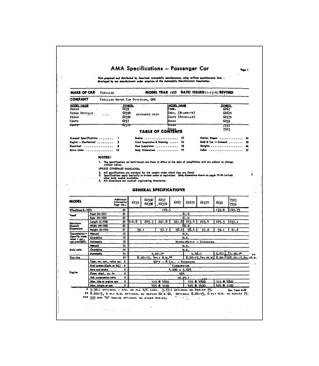 1958 Cadillac AMA Specifications Sheets - Over-Drive Magazine