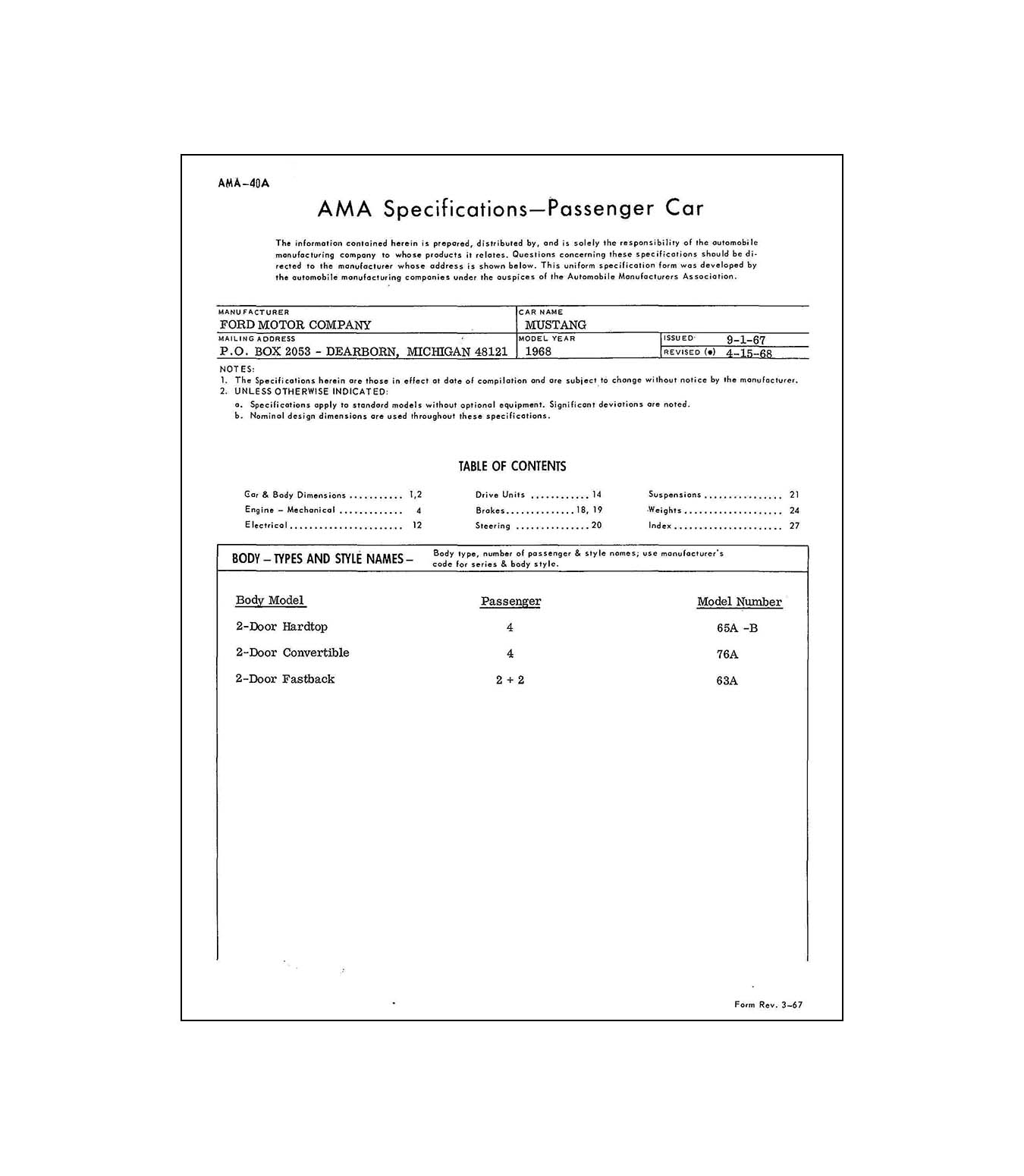 1968 Ford Mustang AMA Specifications Sheets - Revised - Over-Drive Magazine