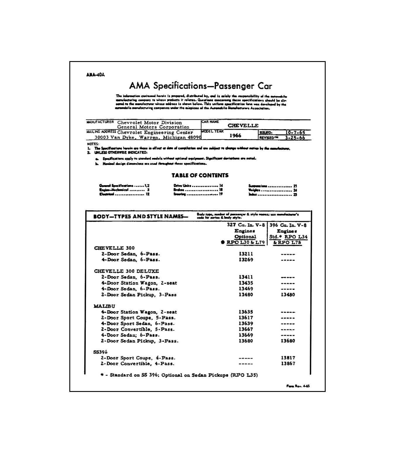 1966 Chevrolet Chevelle 327 and 396 CID V-8 Specifications Sheets ...