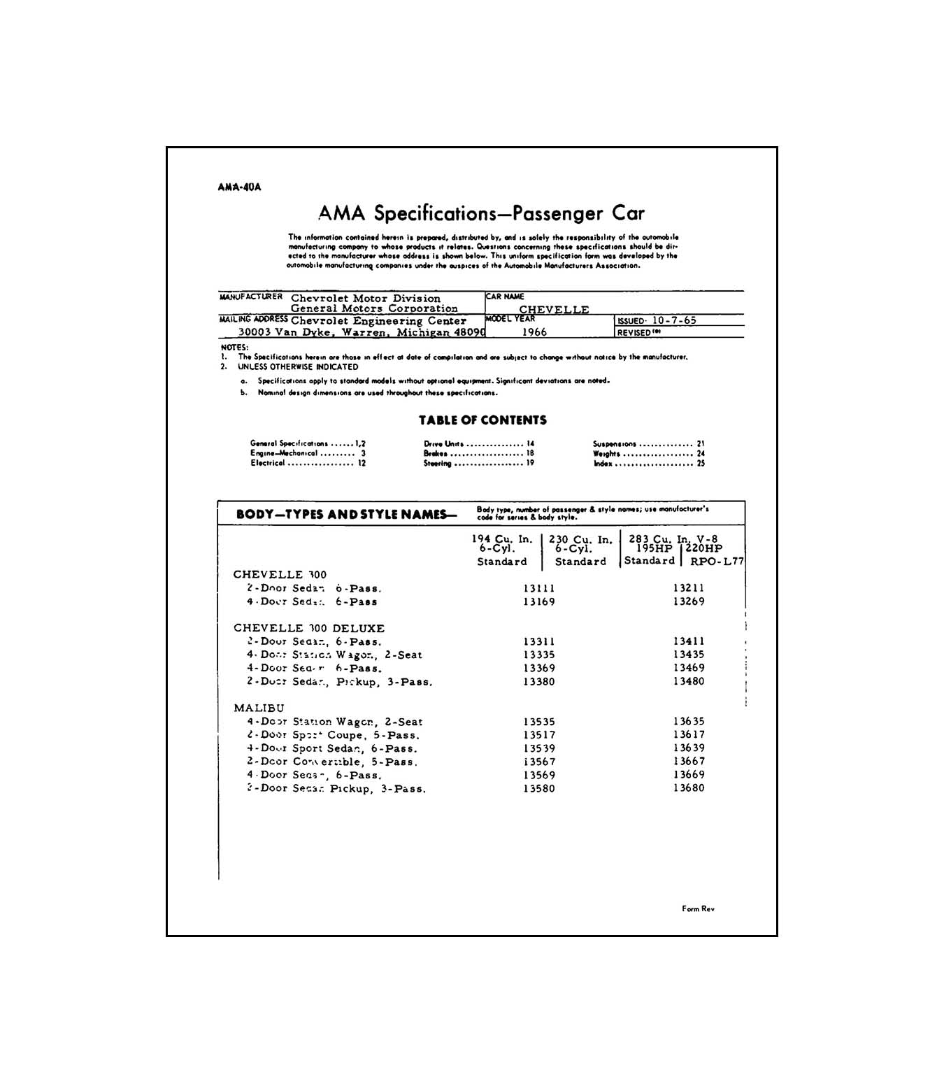 1966 Chevrolet Chevelle I-6 and 283 V-8 AMA Specifications Sheets ...