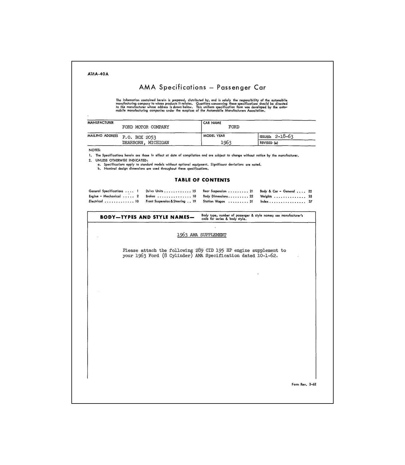 1963 Ford Full Size 289 CID V-8 AMA Specifications Sheets - Over-Drive ...
