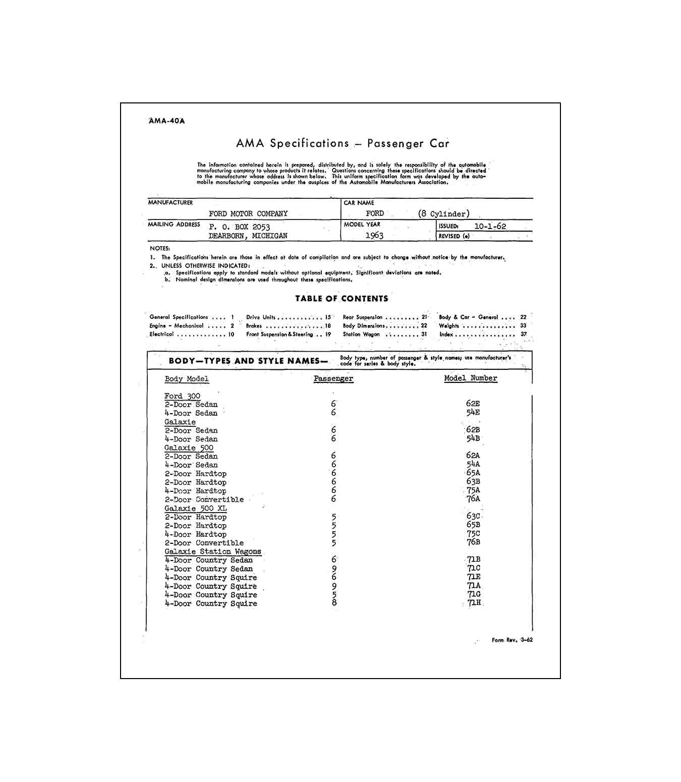 1963 Ford Full Size 8 Cylinder AMA Specifications Sheets - Over-Drive ...