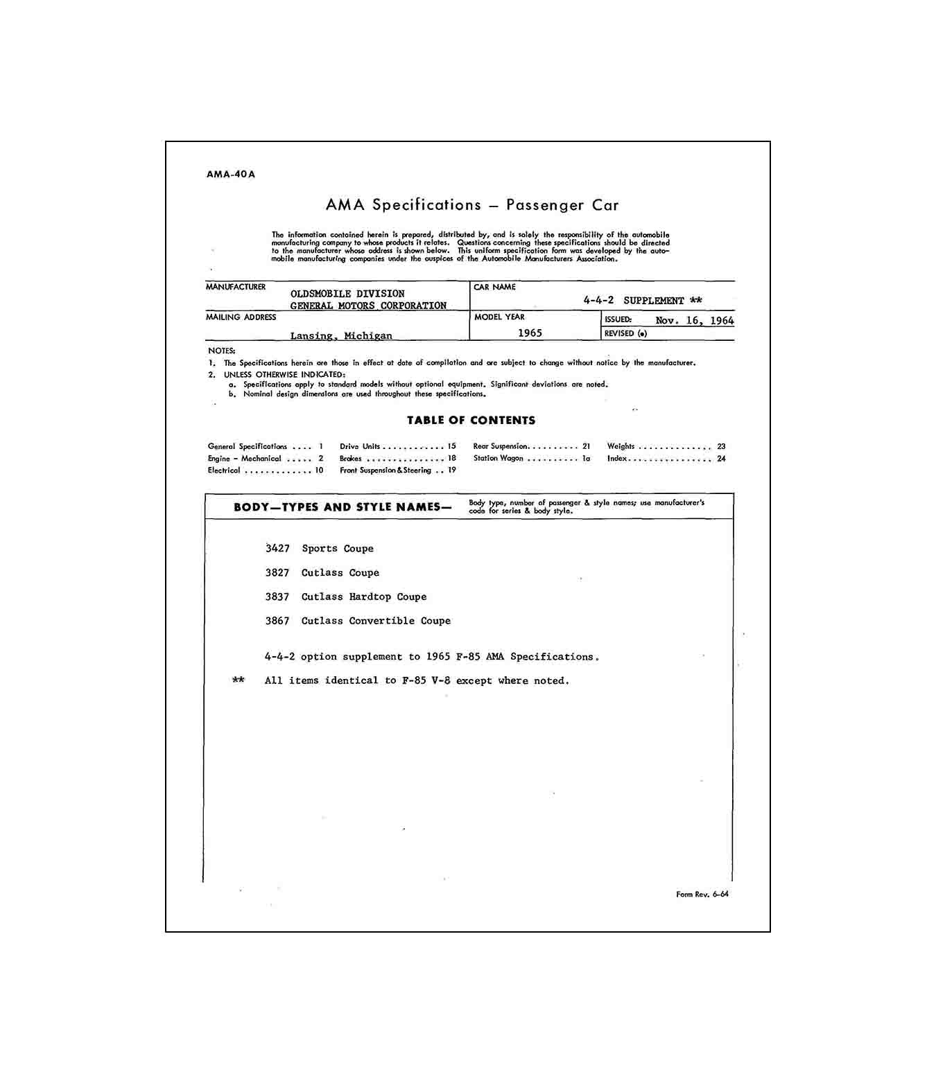 1965 Oldsmobile 442 AMA Specifications Sheets - Over-Drive Magazine