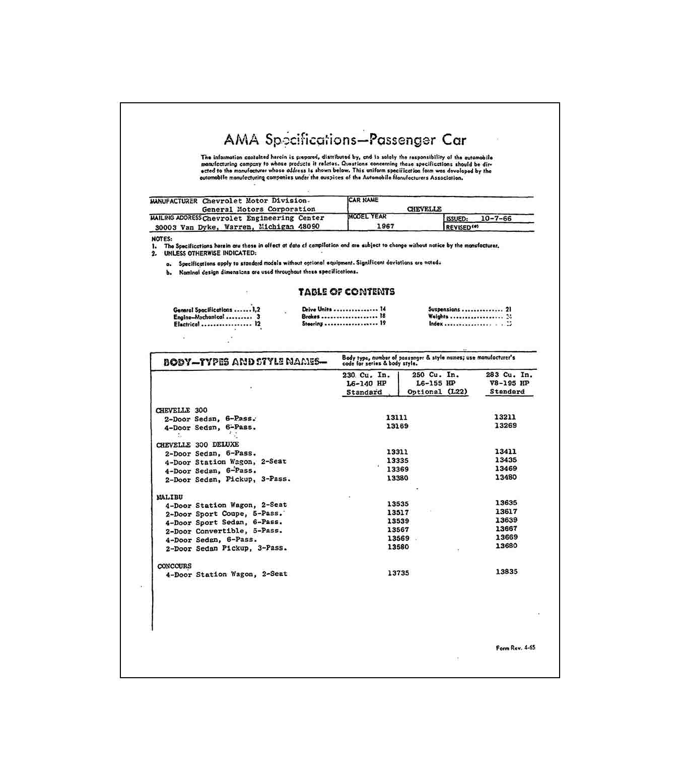 1967 Chevrolet Mid-Size Car AMA Specification Sheets - I-6 and 283 CID ...