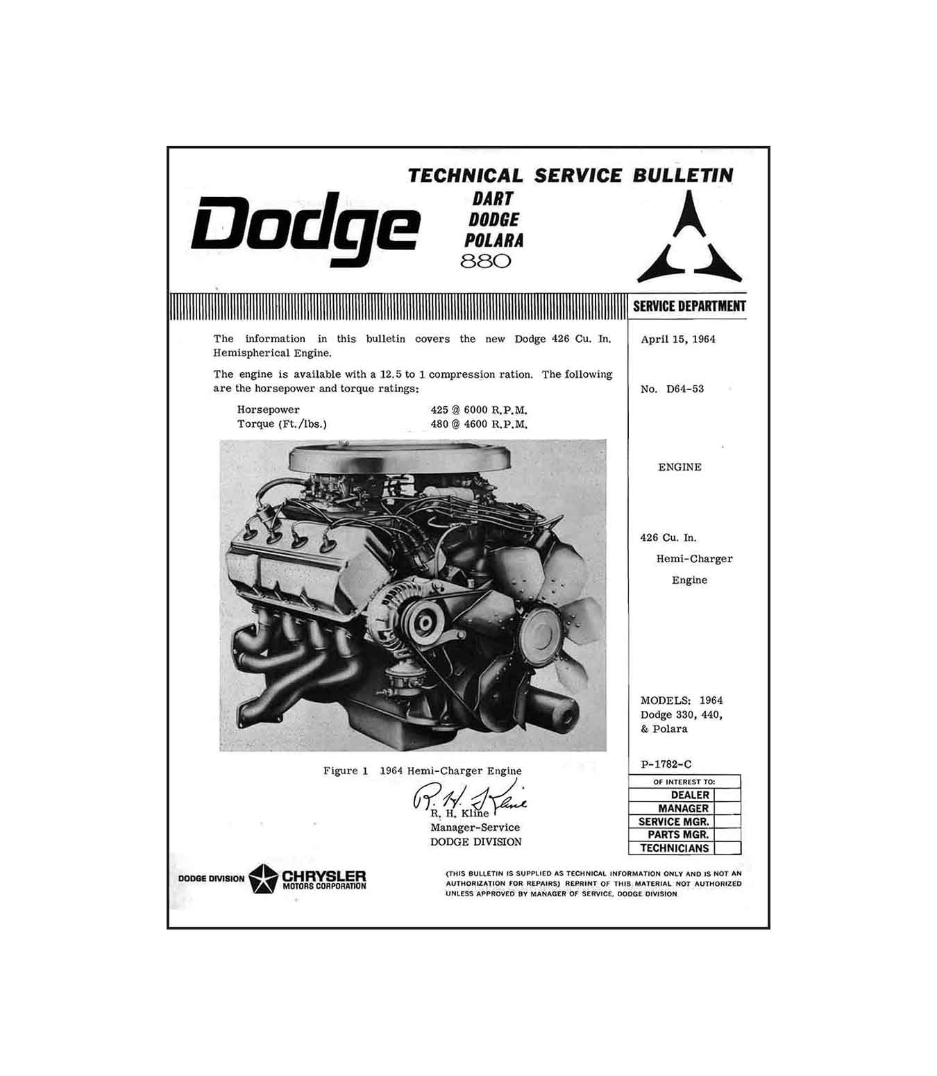 1964 Dodge Hemispherical Head Engine Technical Service Bulletin - Over ...