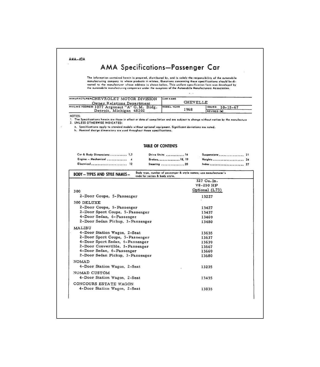 1968 Chevrolet Chevelle 327 CID 250 HP AMA Specifications Sheets - Over ...
