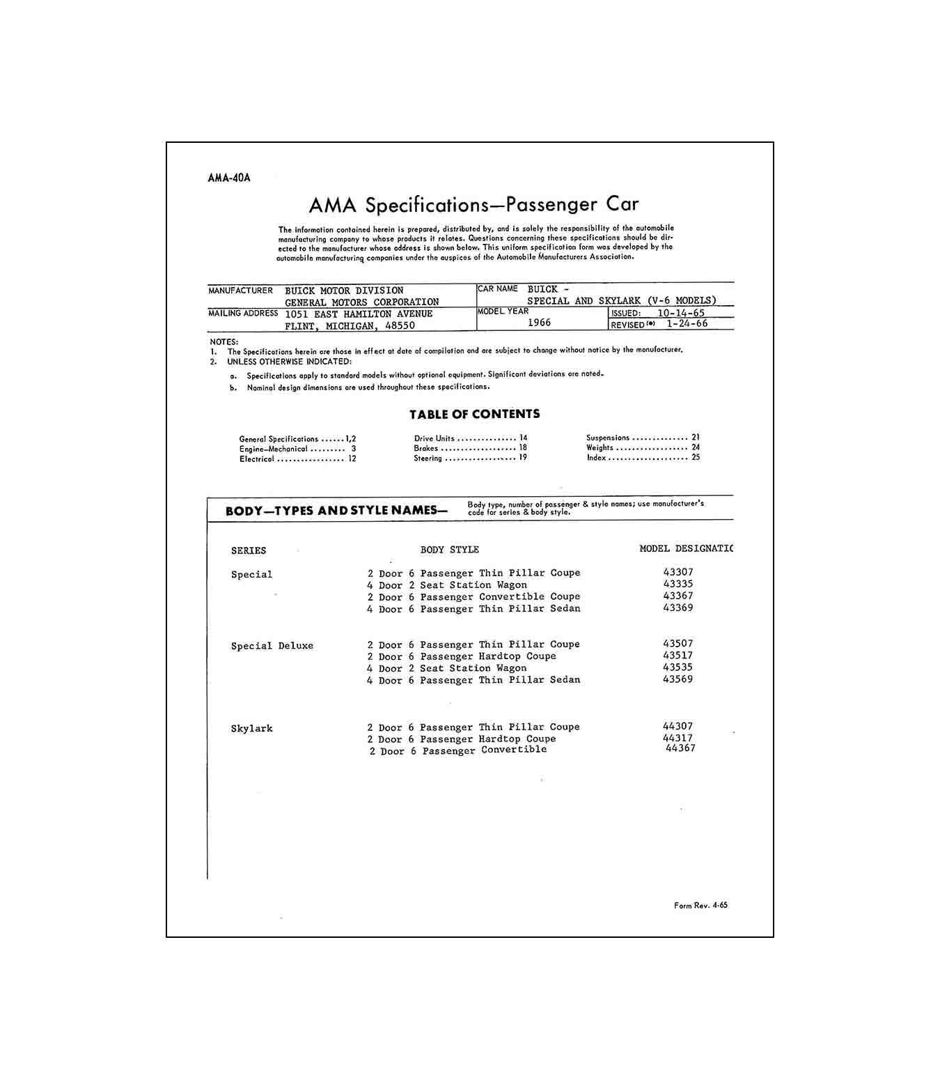 1966 Buick Special and Skylark V-6 AMA Specifications Sheets - Over ...