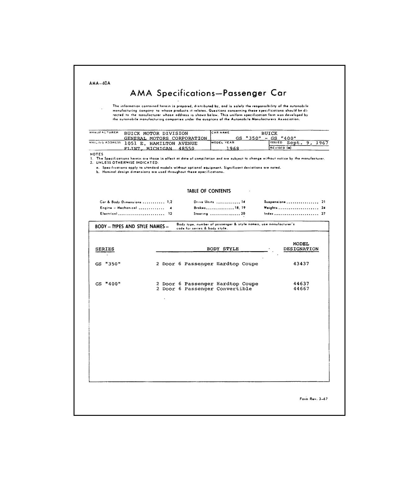 1968 Buick GS 350 and GS 400 AMA Specifications Sheets - Over-Drive ...
