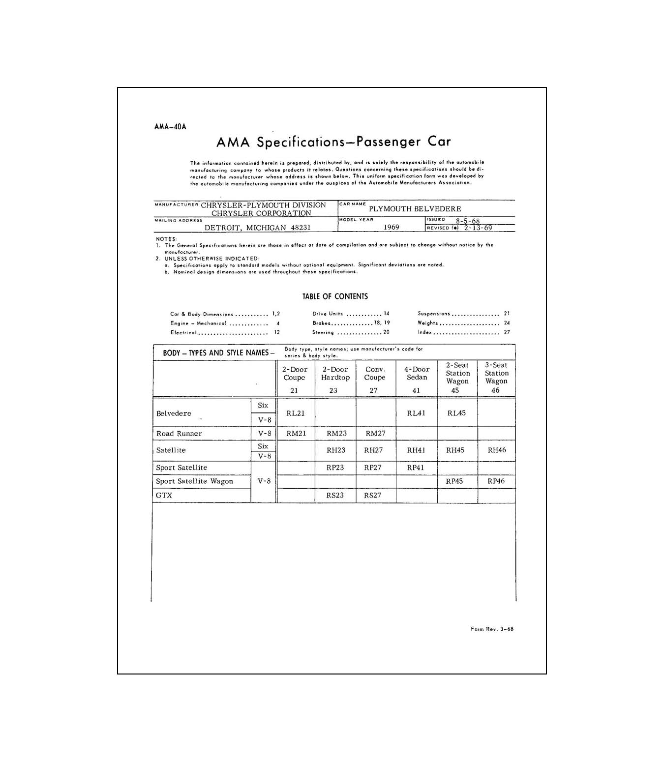 1969 Plymouth Mid-Size AMA Specifications Sheets - Over-Drive Magazine