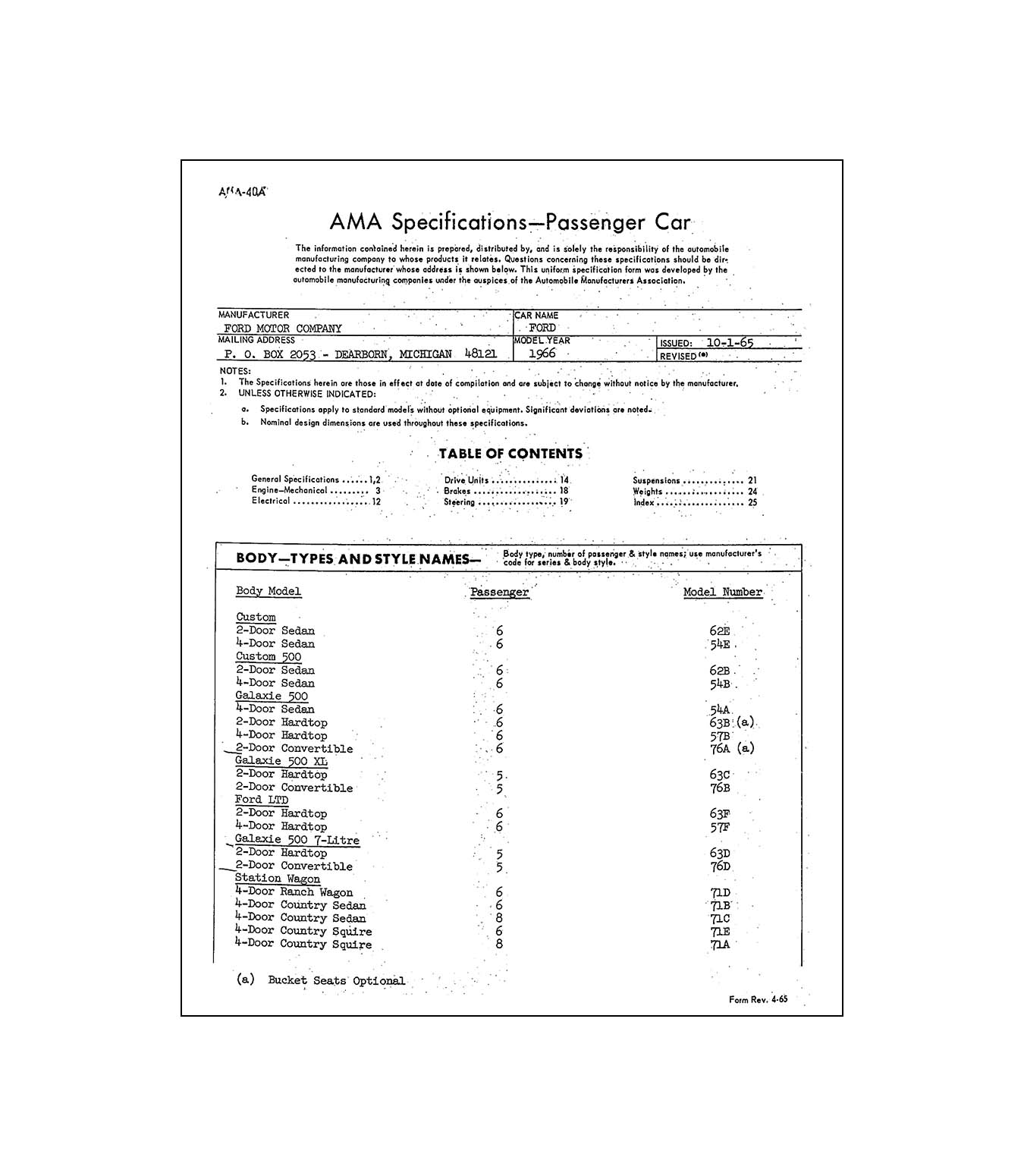 1966 Ford Full Size Car AMA Specifications Sheets - Over-Drive Magazine