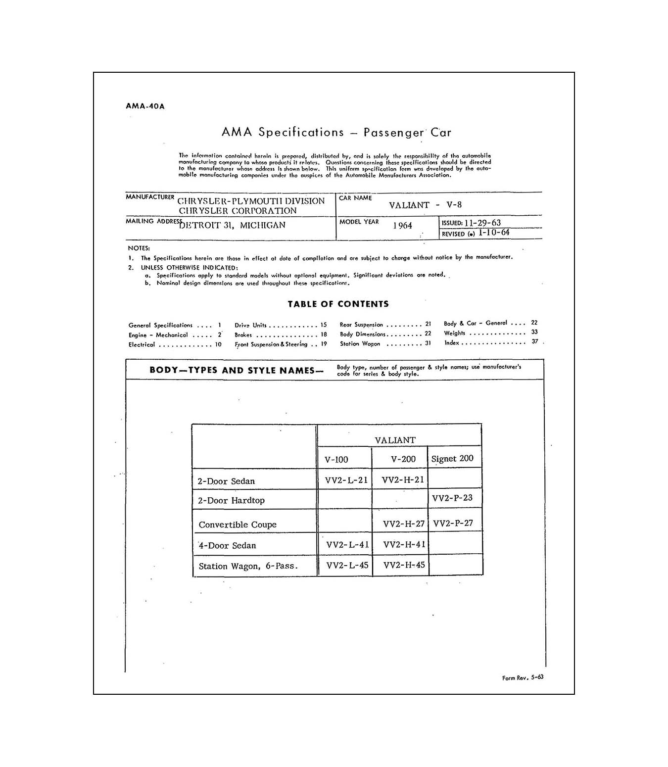 1964 Plymouth Barracuda (Valiant) V-8 AMA Specifications Sheets - Over ...