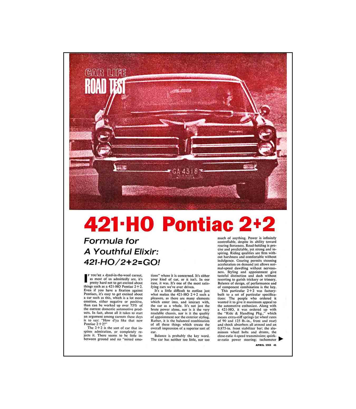 1965 Pontiac 2+2 421 HO Road Test - Car Life Magazine - Over-Drive Magazine