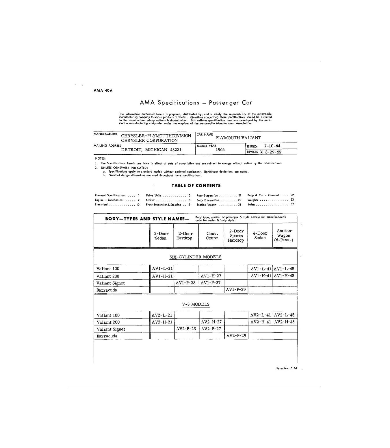 1965 Plymouth Barracuda and Valiant AMA Specifications Sheets - Over ...