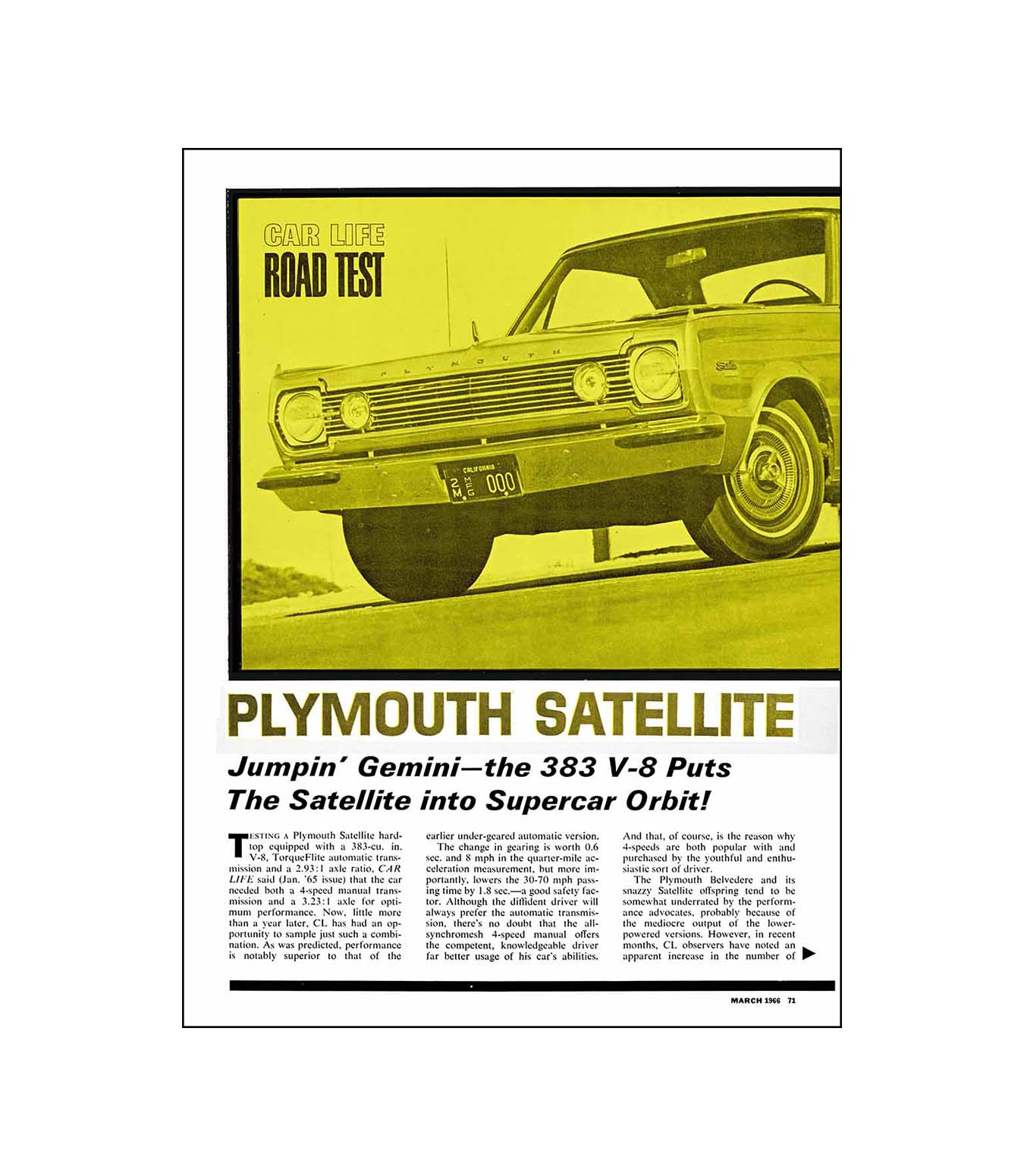 1966 Plymouth Satellite 383 CID V-8 Road Test – Car Life Magazine ...
