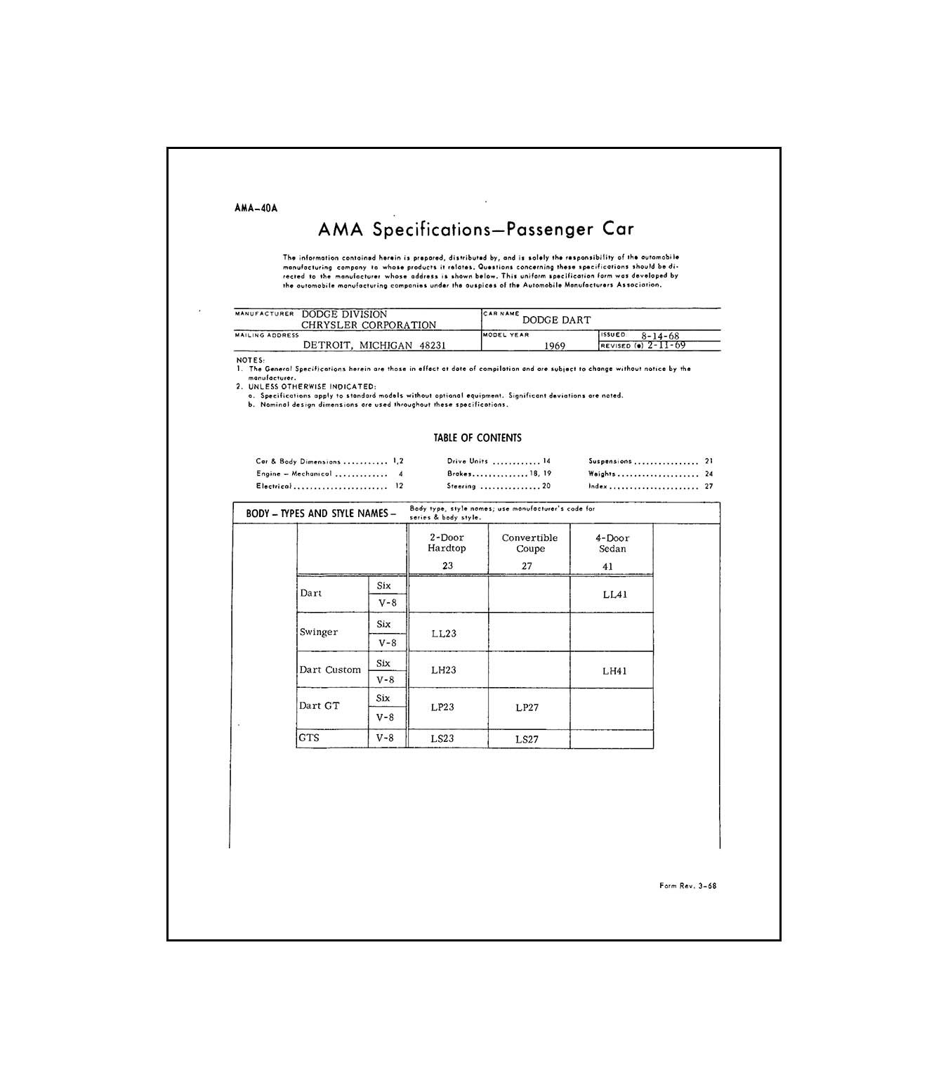 1969 Dodge Dart AMA Specifications Sheets - Over-Drive Magazine