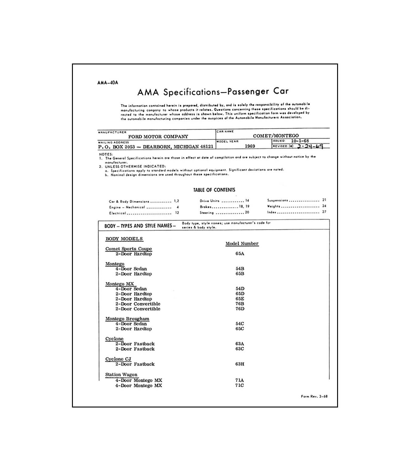 1969 Mercury Mid-Size Car AMA Specifications Sheets - Over-Drive Magazine