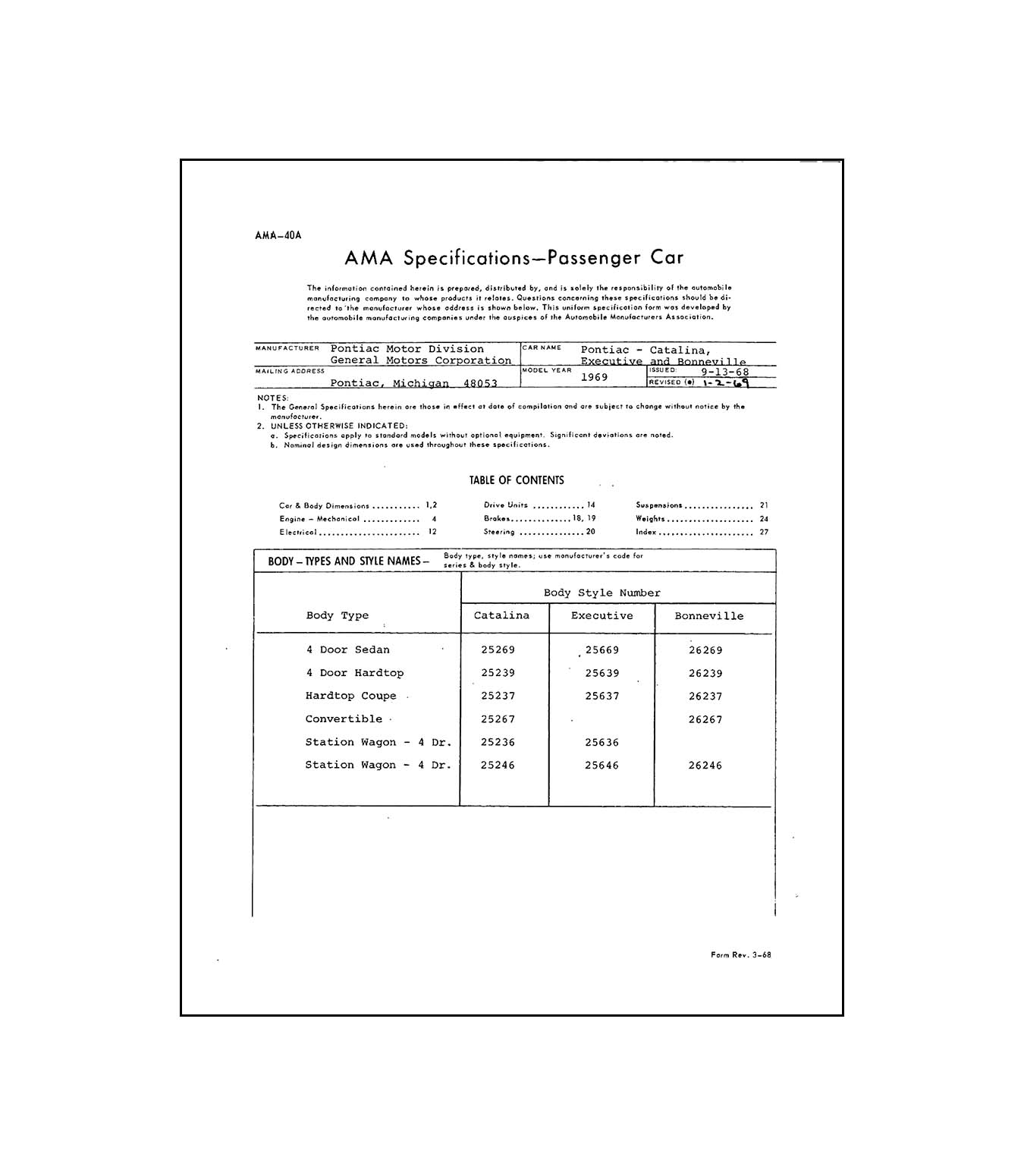 1969 Pontiac Full Size Car AMA Specifications Sheets - Over-Drive Magazine