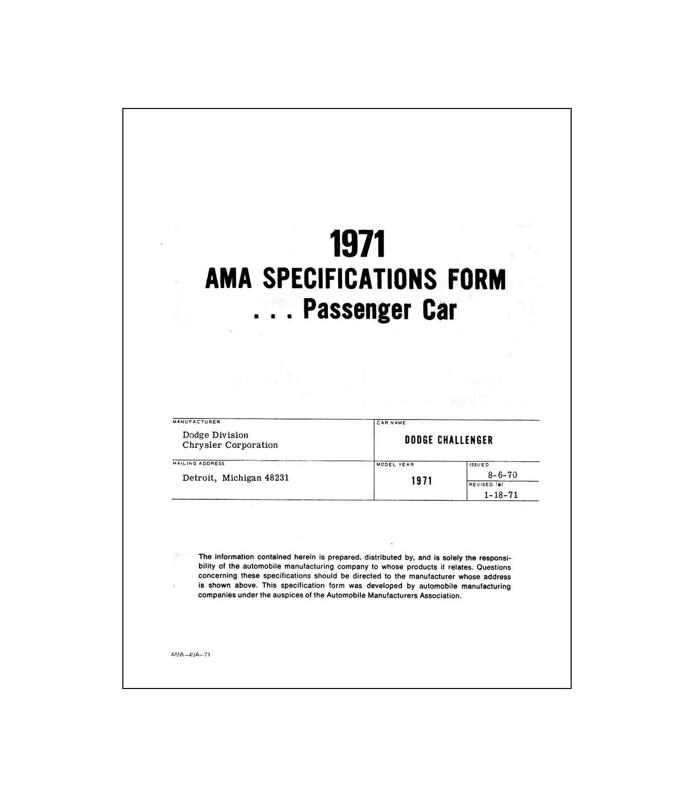 1971 Dodge Challenger AMA Specifications Sheets - Revised - Over-Drive ...