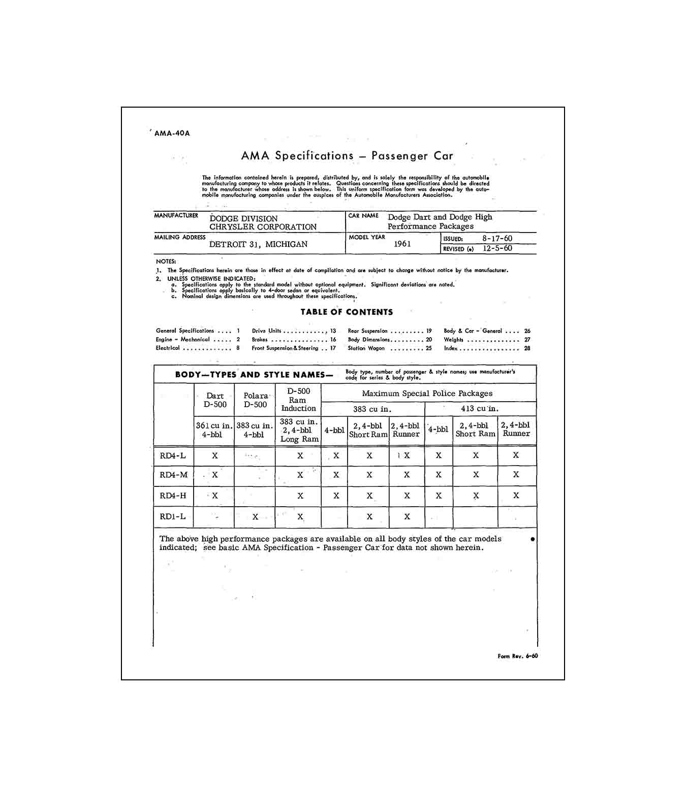 1961 Dodge High Performance Packages AMA Specifications Sheets - Over-Drive Magazine